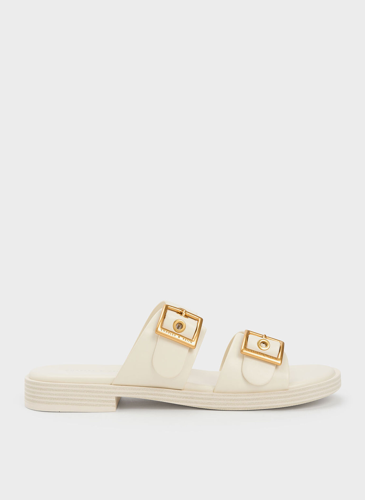 White Buckled Double Strap Slide Sandals Charles And Keith Qa