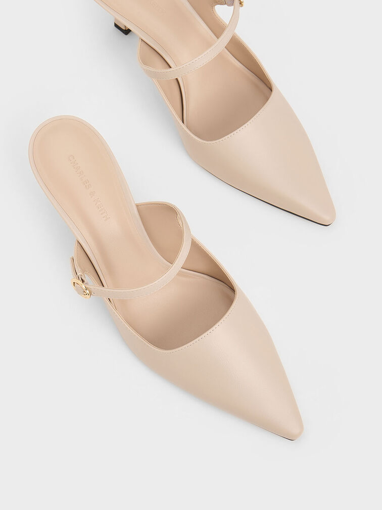 圓釦尖頭細跟穆勒鞋 - 膚色 | 鞋款 - CHARLES & KEITH HK