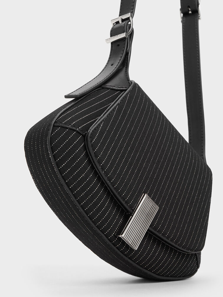 Dark Grey Striped Metallic-Accent Curved Top Handle Bag - CHARLES ...