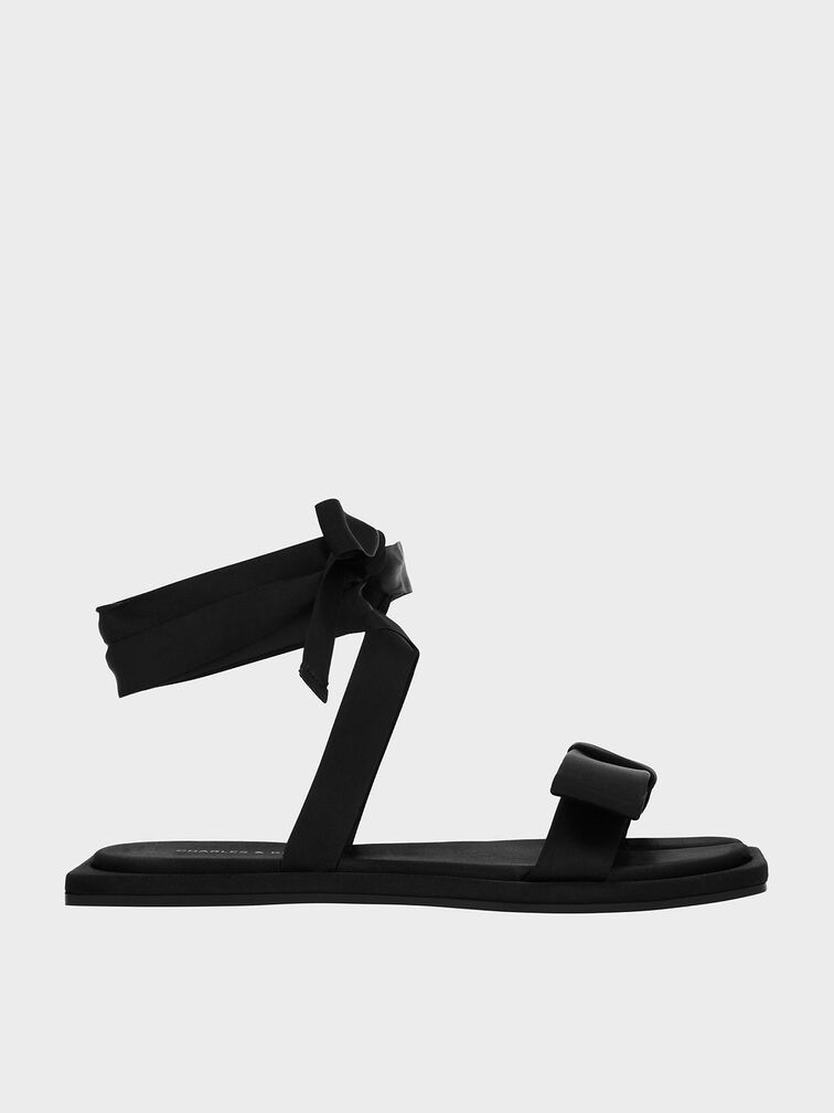 Black Textured Satin Bow Tie Around Flat Sandals Charles And Keith Kw