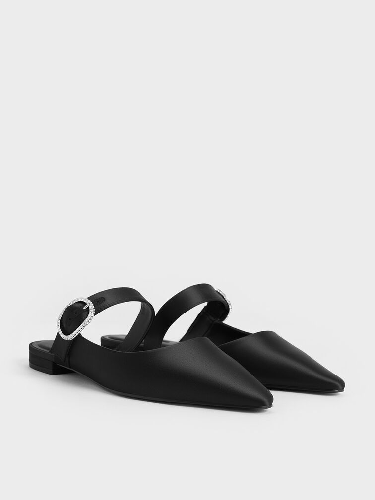 Black Textured Recycled Polyester Crystal Buckle Pointed Toe Mules