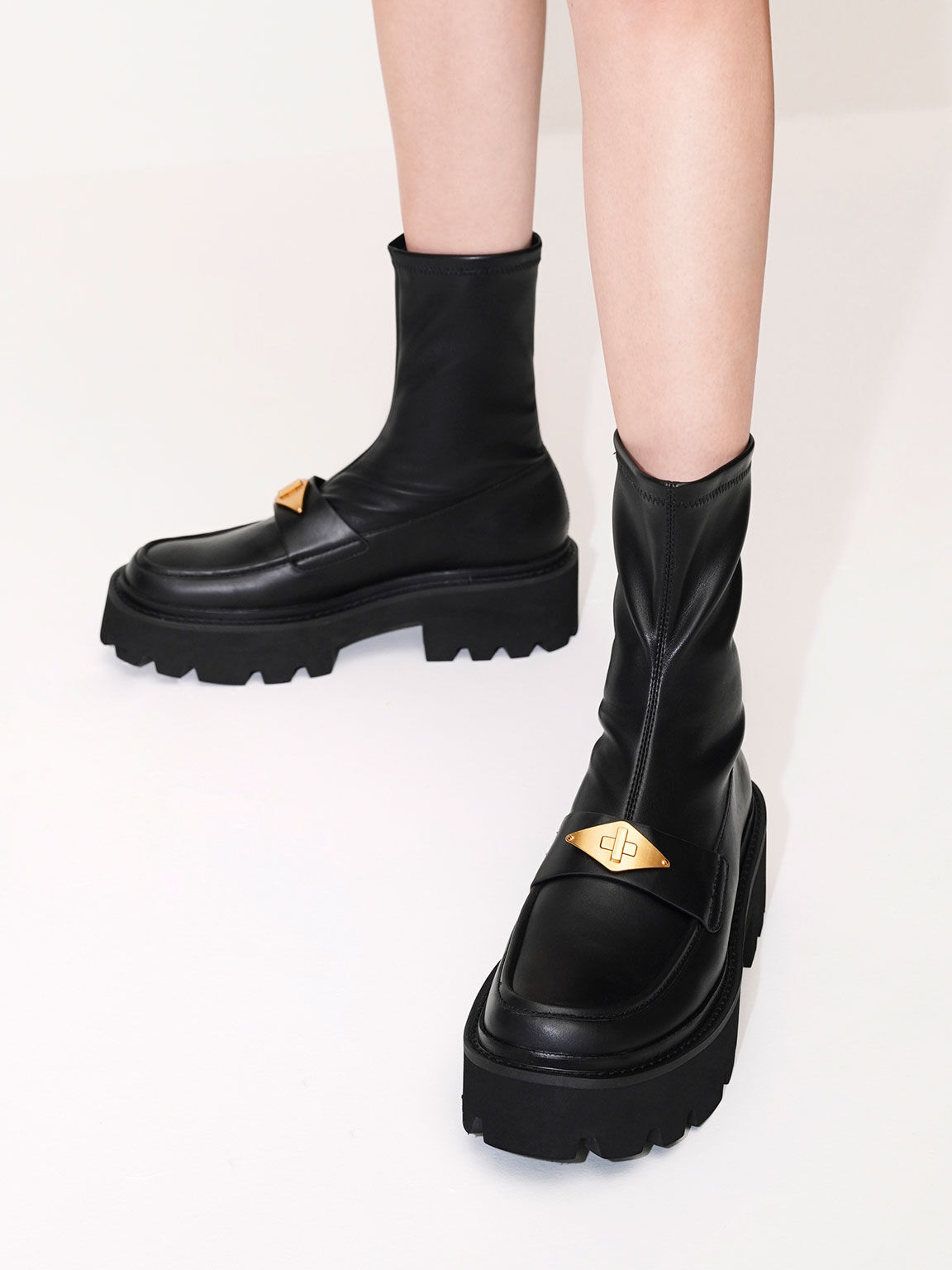 Black Metallic Accent Loafer Boots Charles And Keith Kh