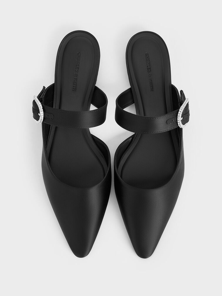 Black Textured Recycled Polyester Crystal Buckle Pointed Toe Mules