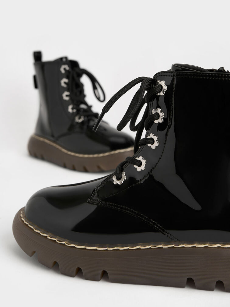Black Girls' Patent Lace-Up Boots - CHARLES & KEITH BD