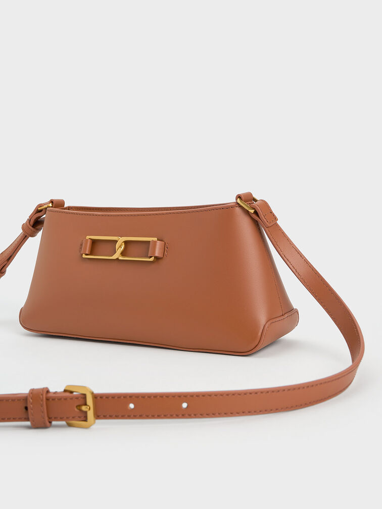 Cognac Gabine Leather Trapeze Shoulder Bag - CHARLES & KEITH MY