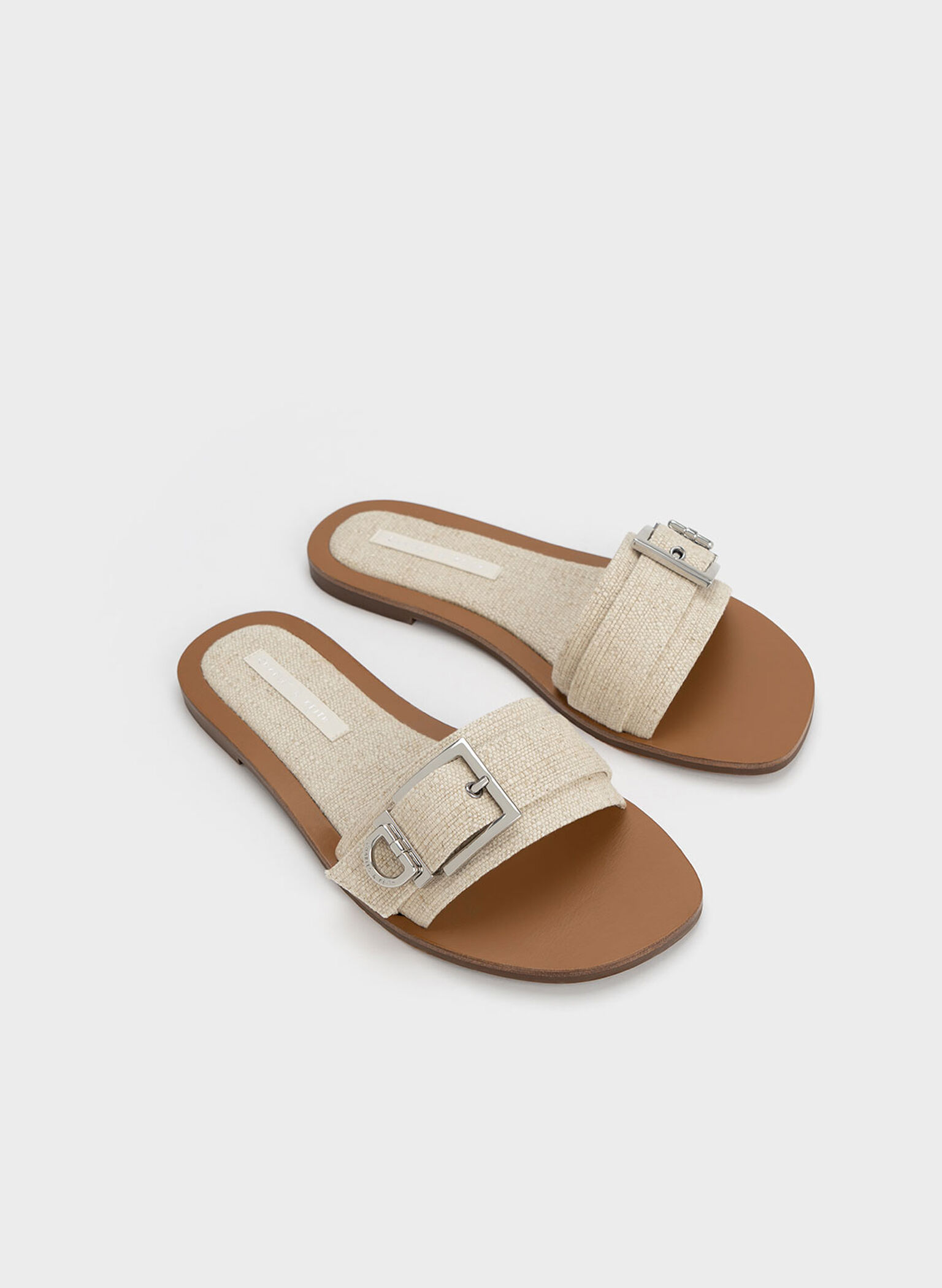 Beige Linen Metallic Buckle Slides - CHARLES & KEITH OM
