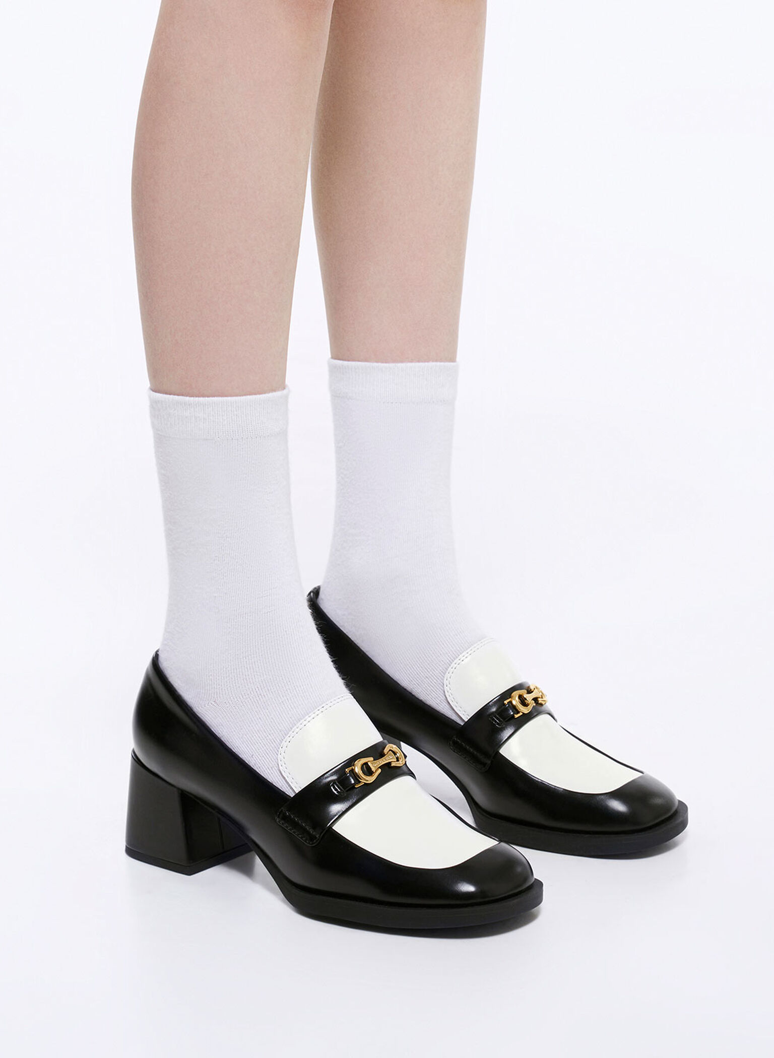 Multicoloured Two-Tone Metallic Accent Block Heel Loafer Pumps ...