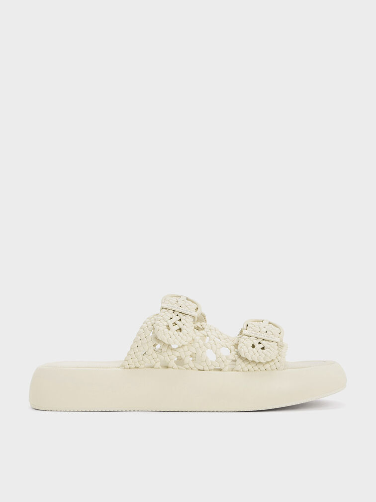 Chalk Woven Double-Strap Buckled Sandals - CHARLES & KEITH KR