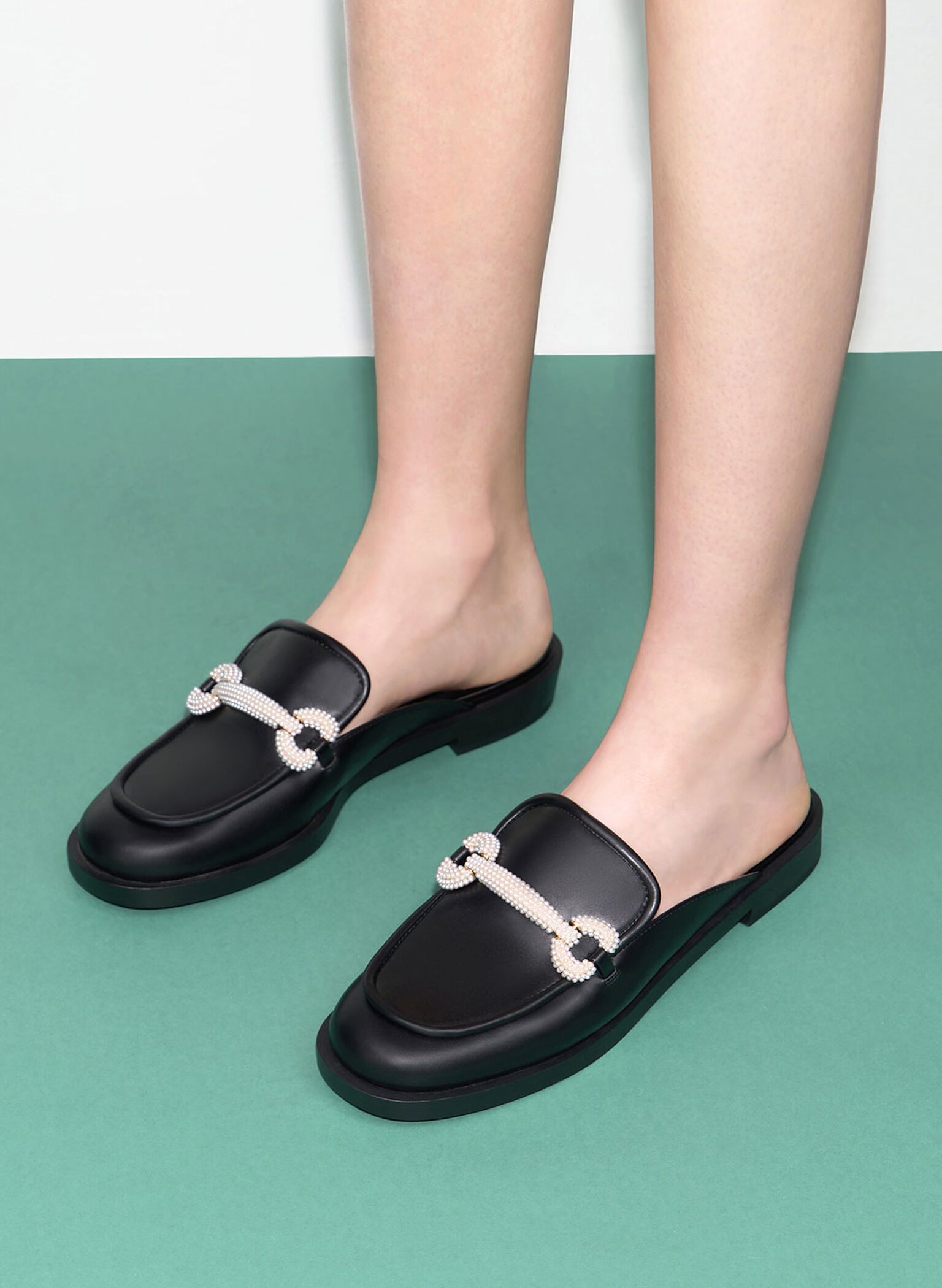 Black Beaded Accent Loafer Mules Charles And Keith Om