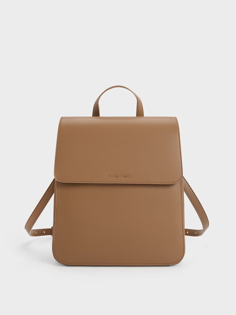 Brown Front Flap Structured Backpack Charles And Keith Tr