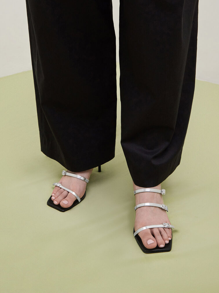 Silver Metallic Crystal Buckle Heeled Mules Charles And Keith Us