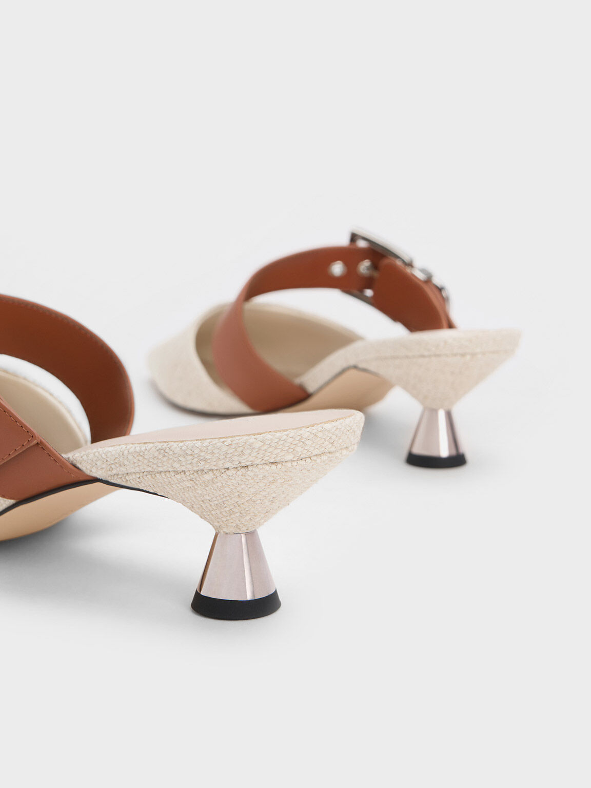 Beige Asymmetric Buckle Linen Heeled Mules Charles And Keith Om