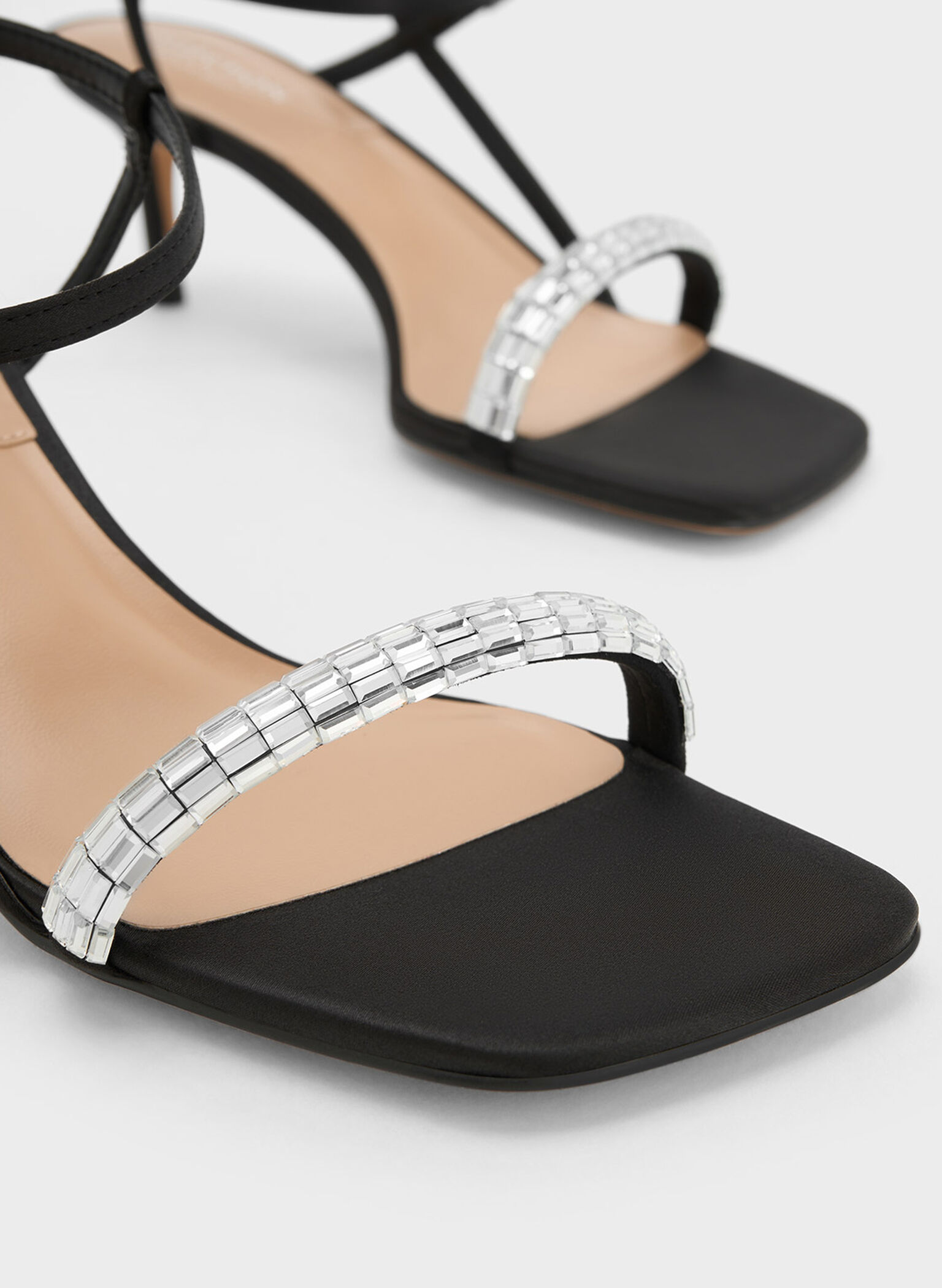 Black Recycled Polyester Gem Embellished Ankle Strap Sandals Charles
