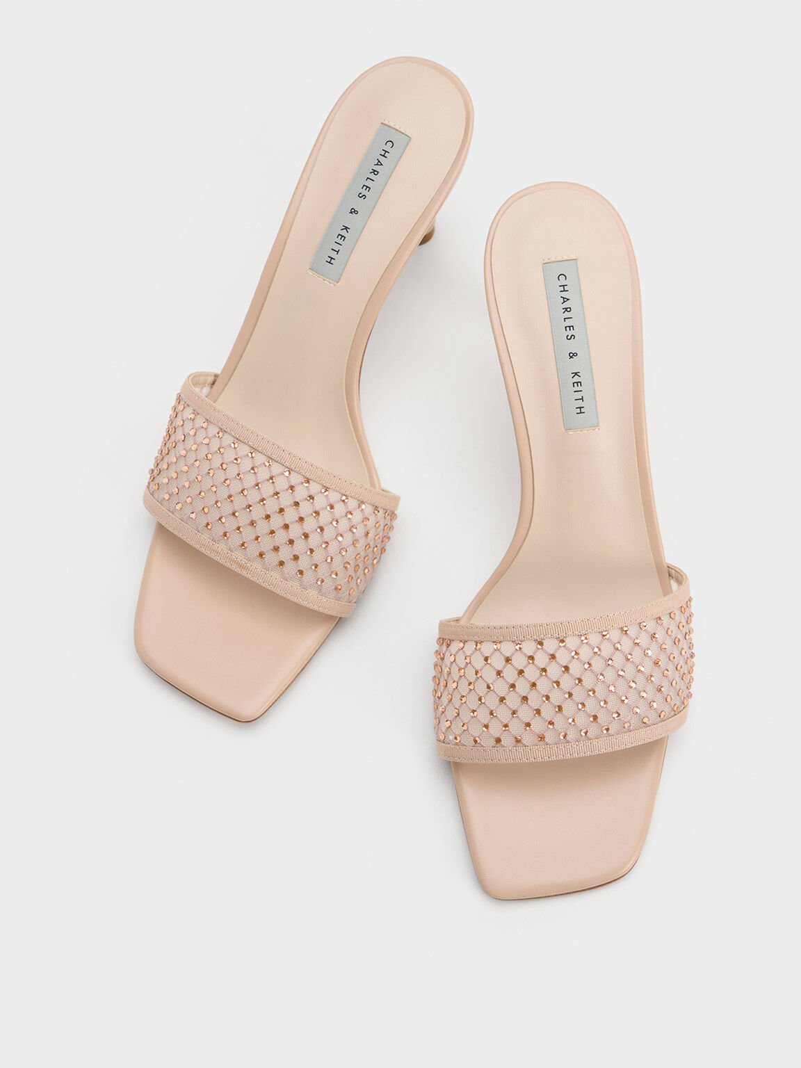 Nude Gem Encrusted Cylindrical Heel Mesh Sandals Charles And Keith Lk
