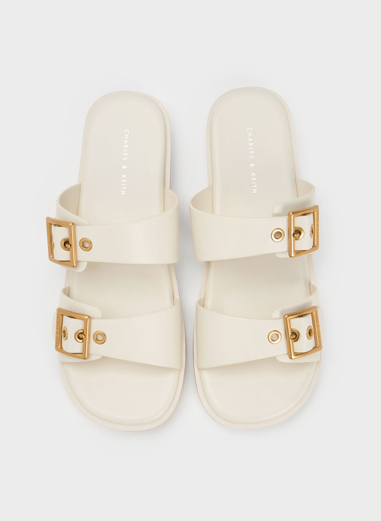 White Buckled Double Strap Slide Sandals Charles And Keith Ae