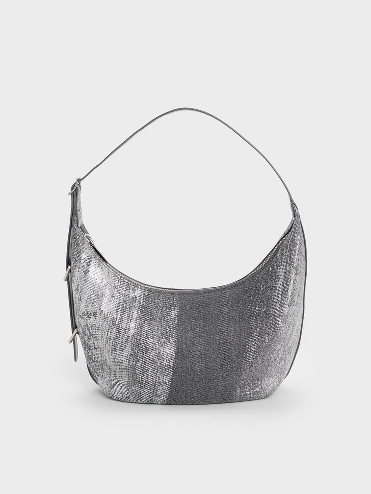 Silver Bryna Denim Curved Hobo Bag - CHARLES & KEITH International