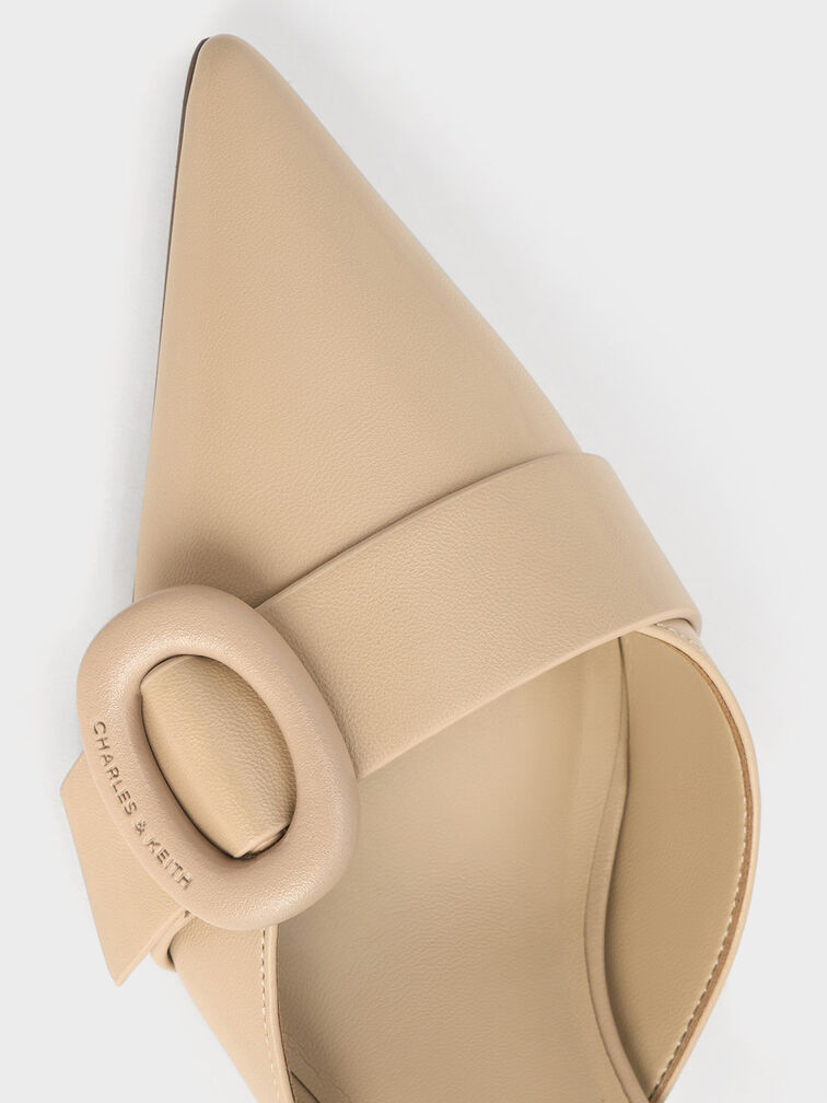 Beige Oval Buckle Pointed Toe Mules Charles And Keith Kh