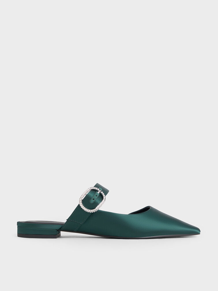 Dark Green Recycled Polyester Crystal Buckle Pointed Toe Mules