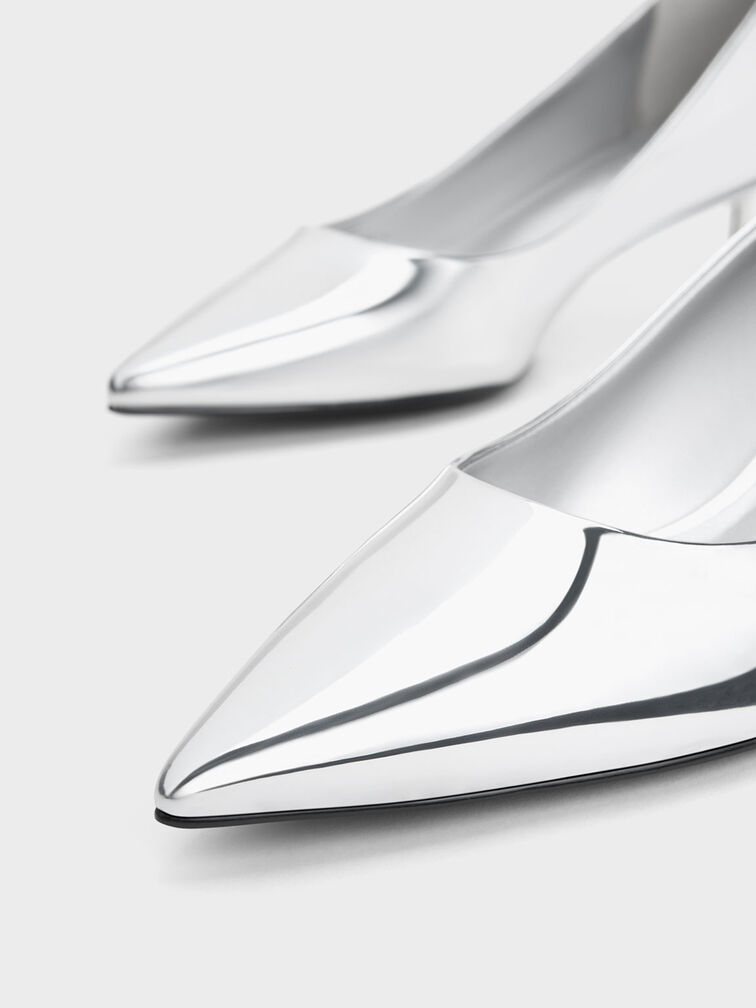 Silver Metallic Pointed Toe Kitten Heel Pumps Charles And Keith Kh