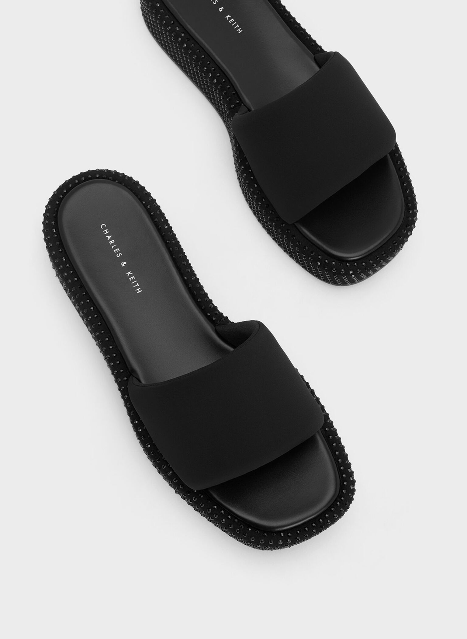 Black Crystal Embellished Nylon Flatform Sandals Charles And Keith Au