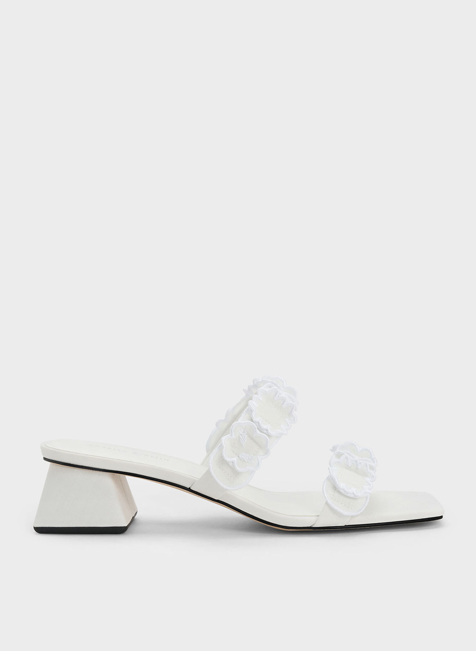 White Ruffled Cotton Heeled Mules - CHARLES & KEITH MO