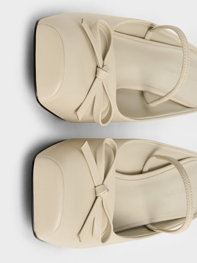 Beige Bow Square-Toe Block-Heel Ballet Mules - CHARLES & KEITH US
