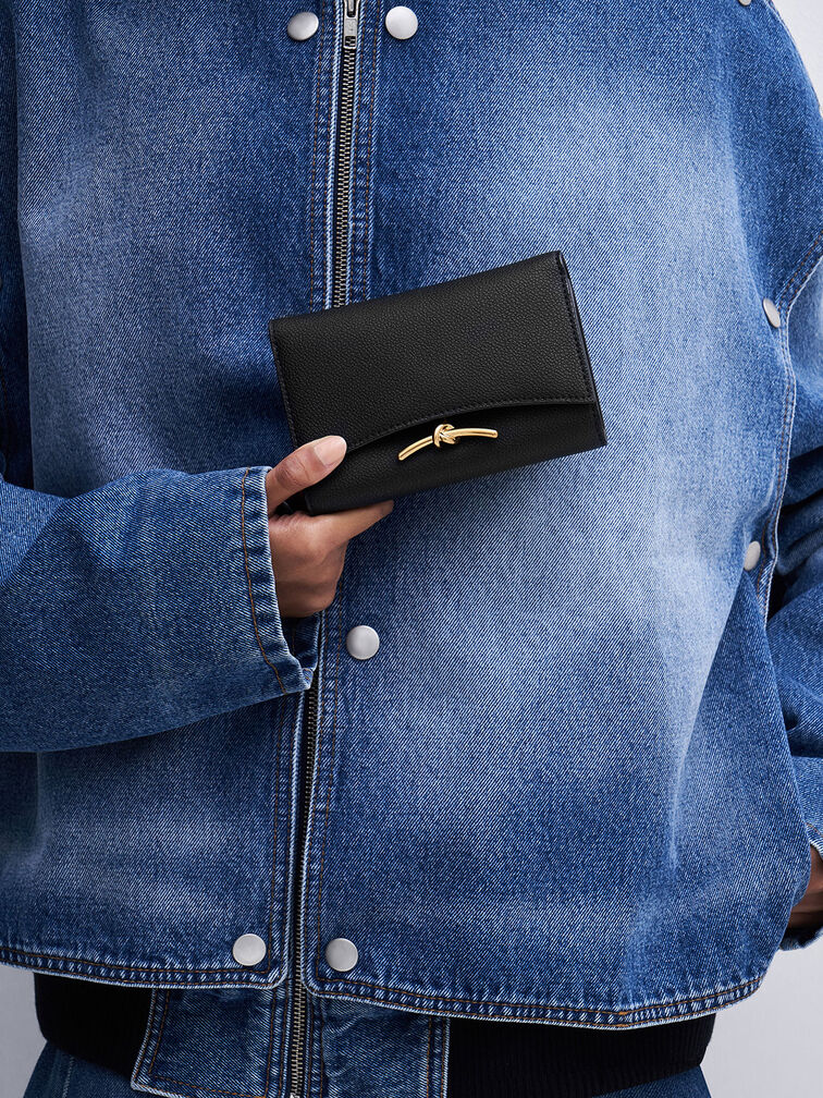 Black Huxley Metallic-Accent Front Flap Wallet - CHARLES & KEITH CL