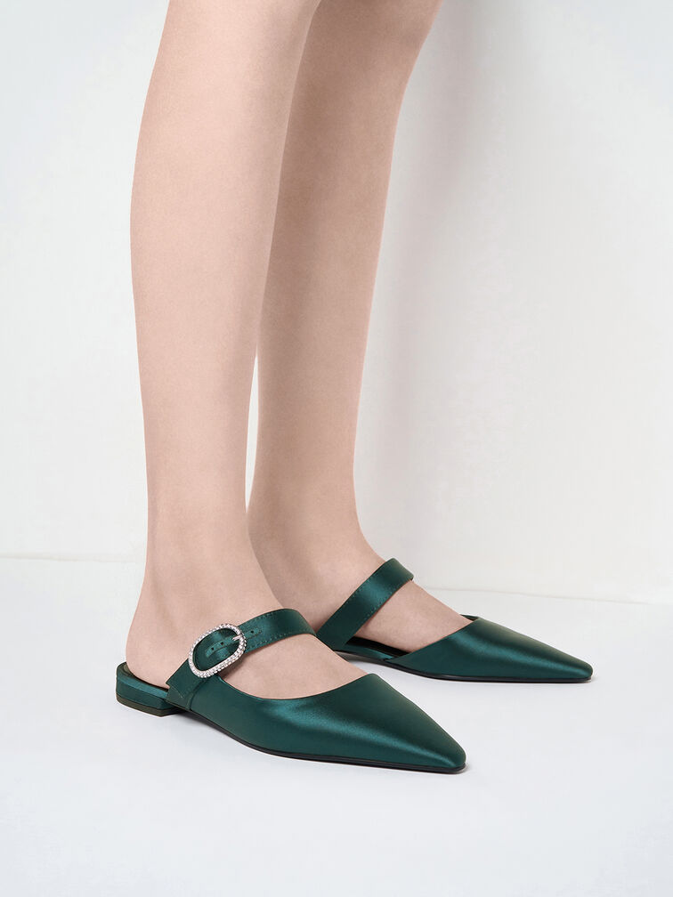 Dark Green Recycled Polyester Crystal Buckle Pointed Toe Mules