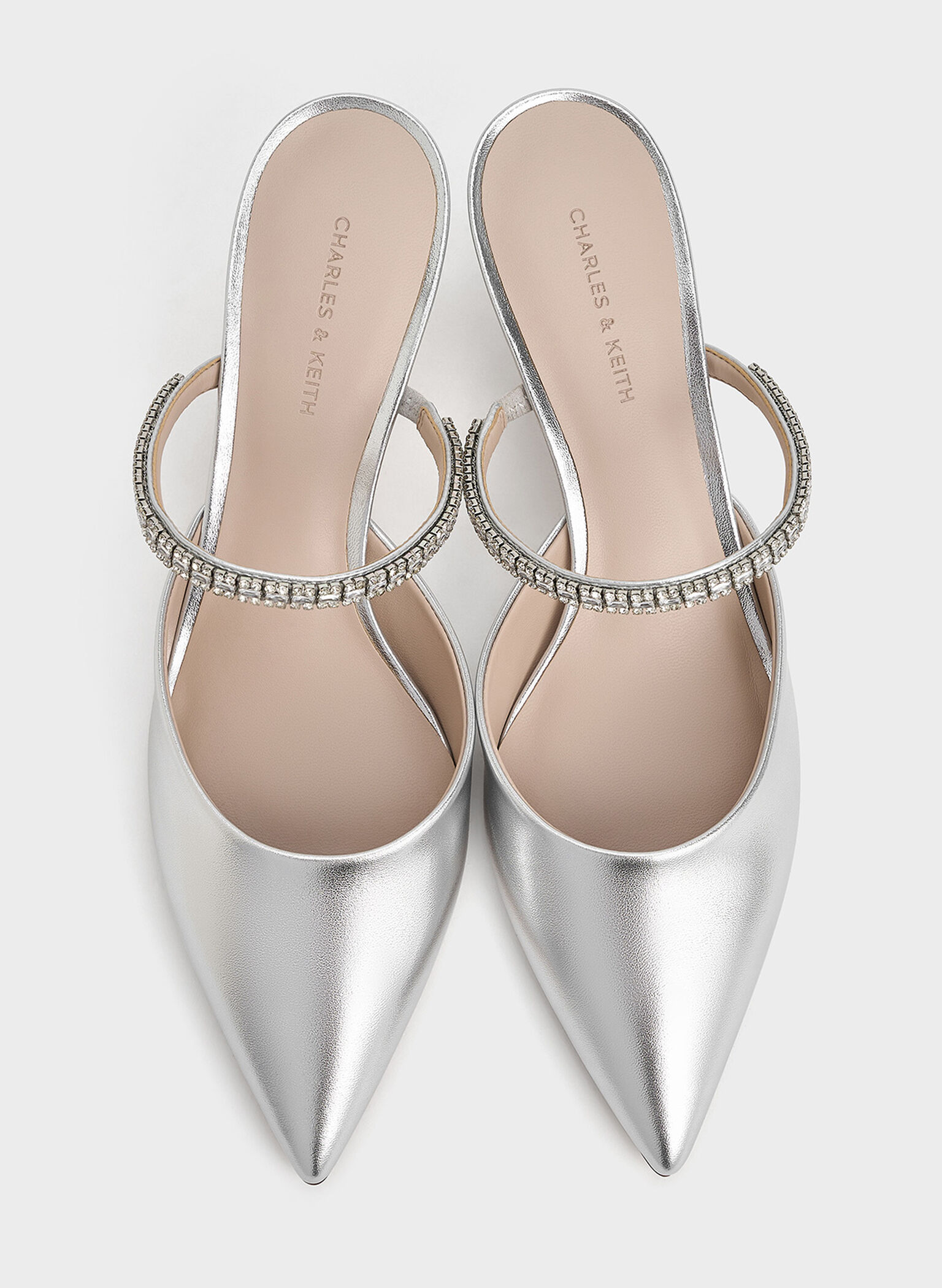 Silver Ambrosia Metallic Gem Embellished Pointed Toe Mules Charles