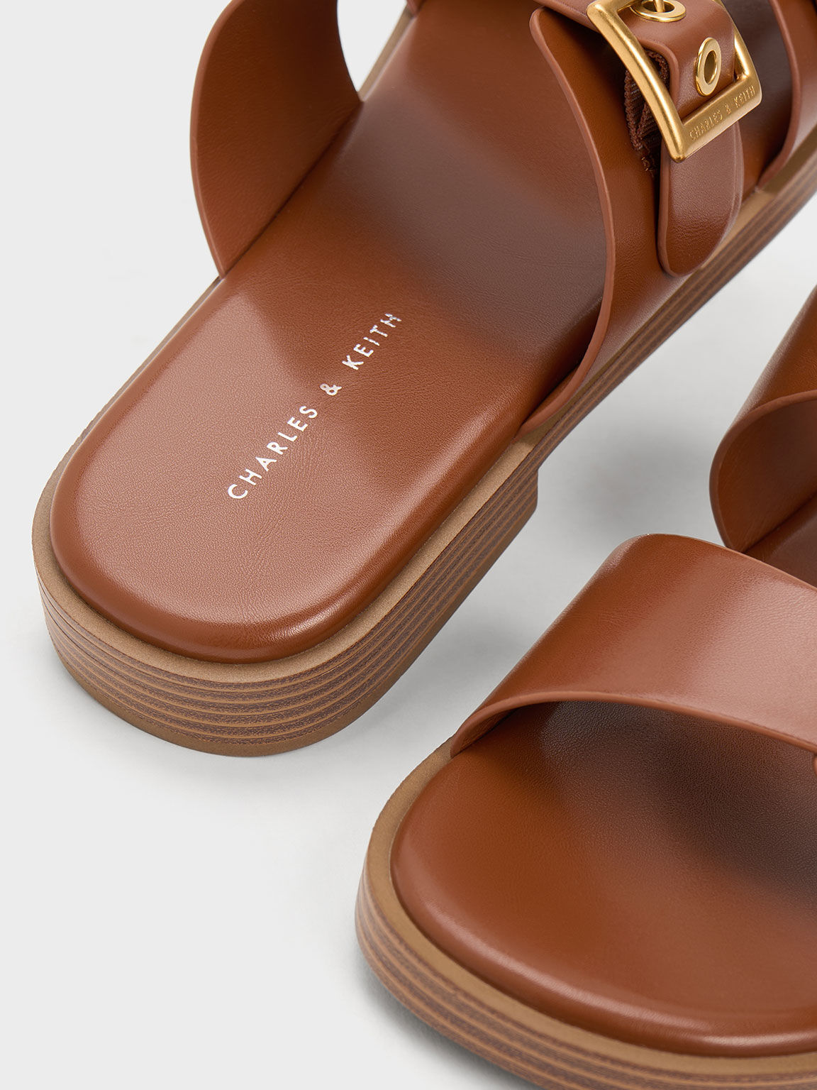 Cognac Buckled Double Strap Slide Sandals - CHARLES & KEITH MO