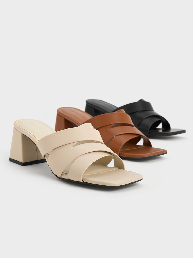 Beige Crossover Strap Square Toe Block Heel Mules Charles And Keith Us
