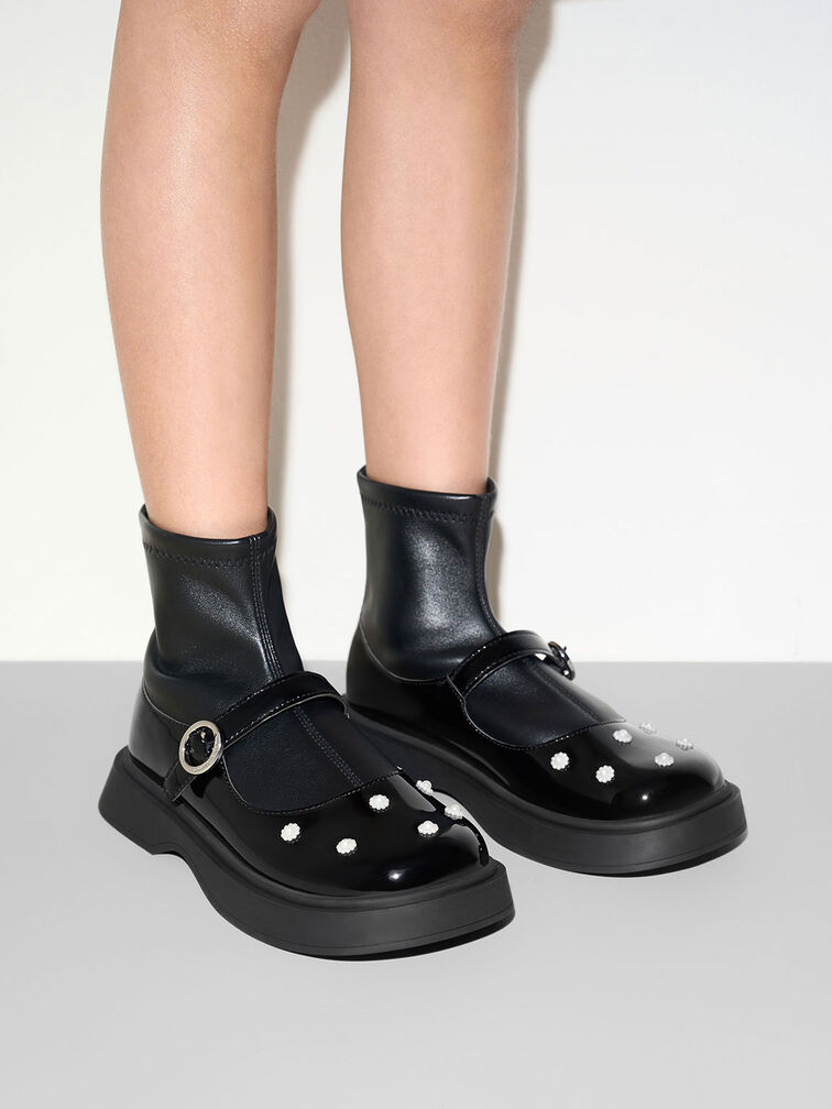 Black Girls' Patent Flower-Beaded Ankle Boots - CHARLES & KEITH OM