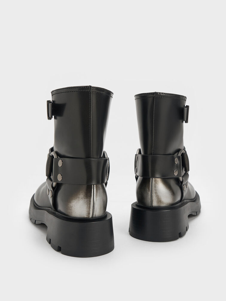 Silver Metallic Buckled Ankle Boots - CHARLES & KEITH KH