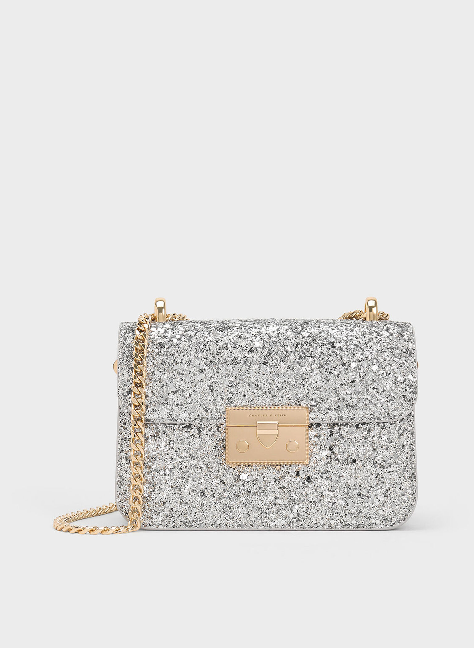 Silver Glittered Push-Lock Chain-Handle Bag - CHARLES & KEITH US