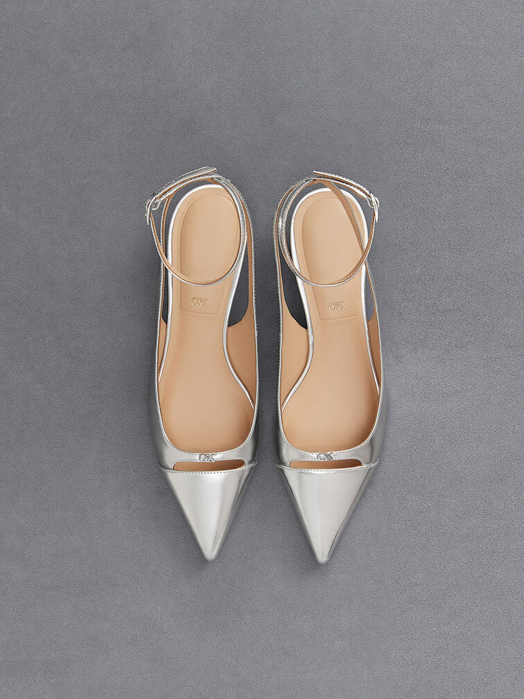 Silver Metallic Leather Kitten-Heel Pumps - CHARLES & KEITH MY