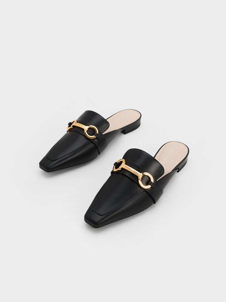 Black Metallic Accent Tapered Flat Mules Charles And Keith Qa