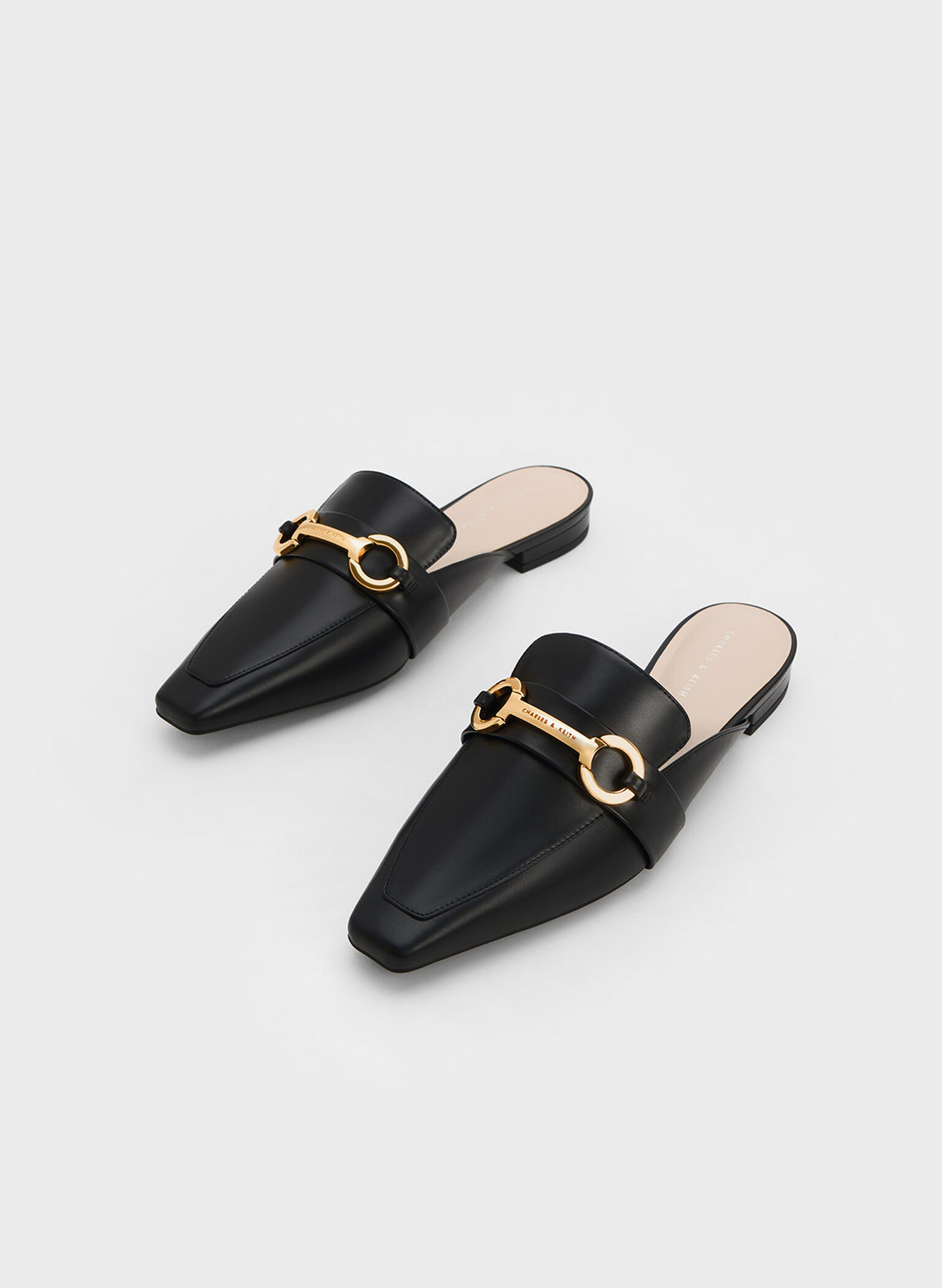 Black Metallic Accent Tapered Flat Mules Charles And Keith Om