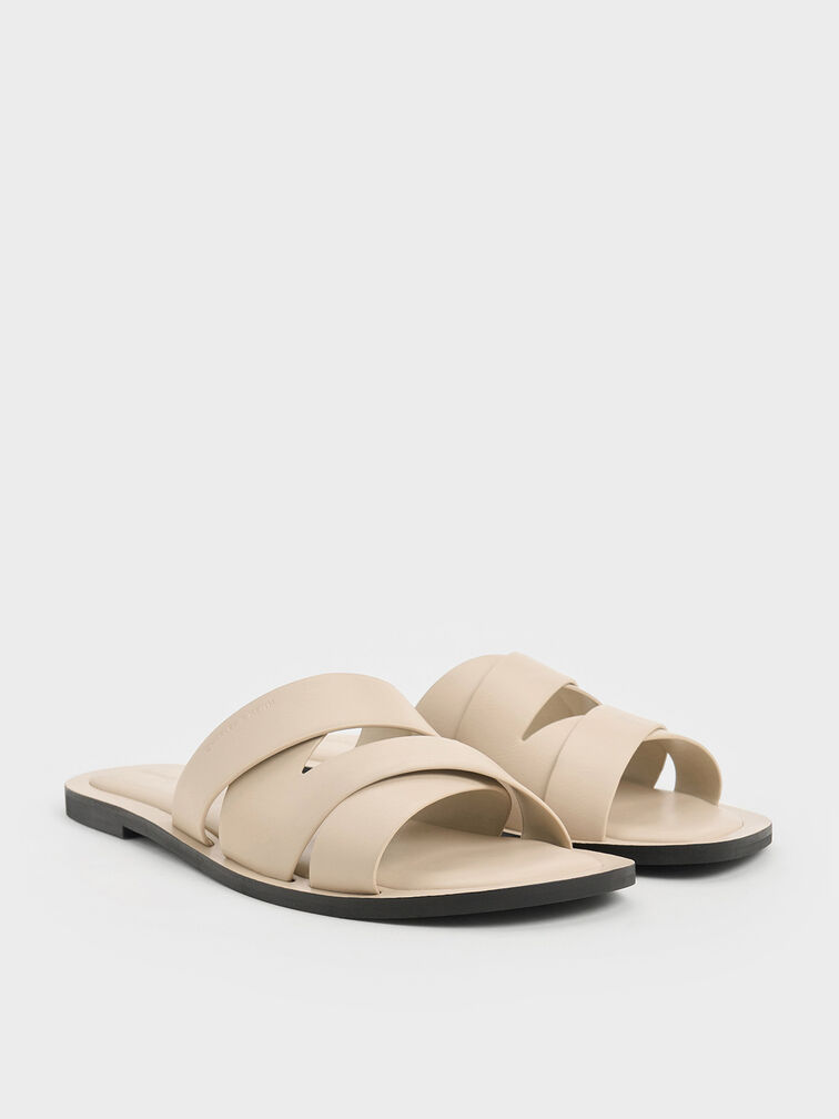 Beige Strappy Crossover Slide Sandals - CHARLES & KEITH US