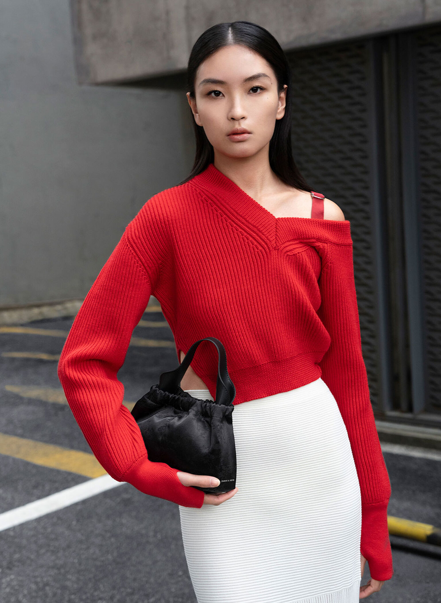 Noir Ally Satin Floral-Print Ruched Bag - CHARLES & KEITH MO