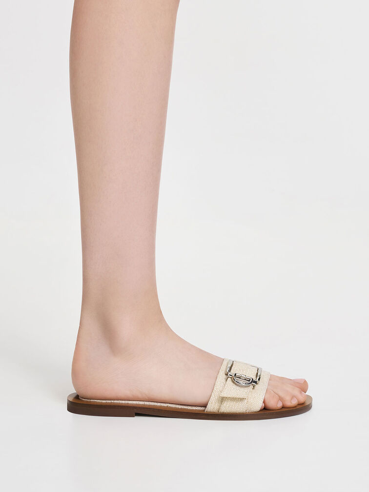 Beige Linen Metallic Buckle Slides - CHARLES & KEITH MY