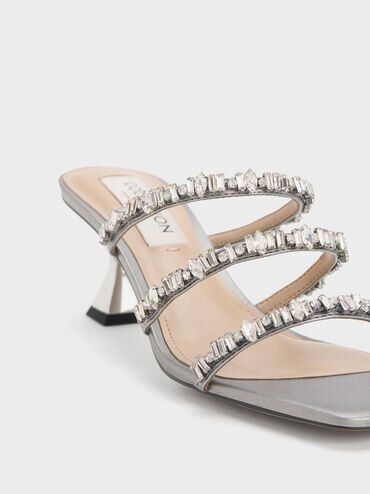 Silver Gem-Encrusted Metallic Strappy Sandals - CHARLES & KEITH US