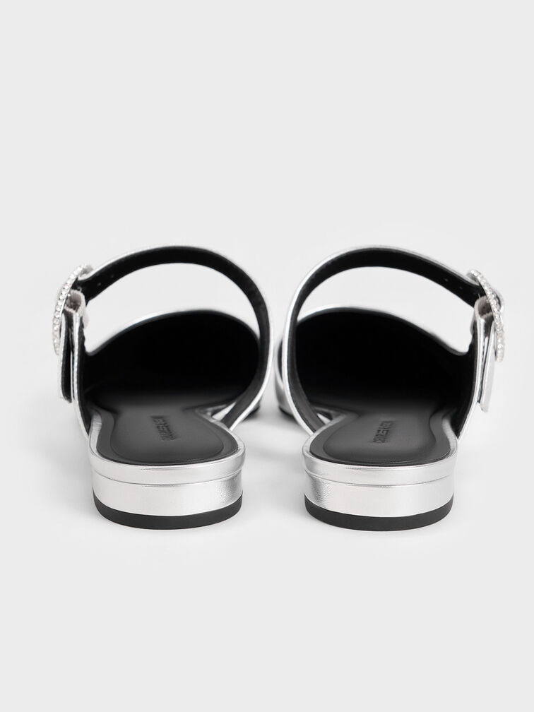Silver Metallic Crystal Buckle Pointed Toe Mules Charles And Keith Aw