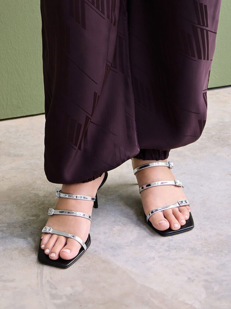 Silver Metallic Crystal Buckle Heeled Mules Charles And Keith Us