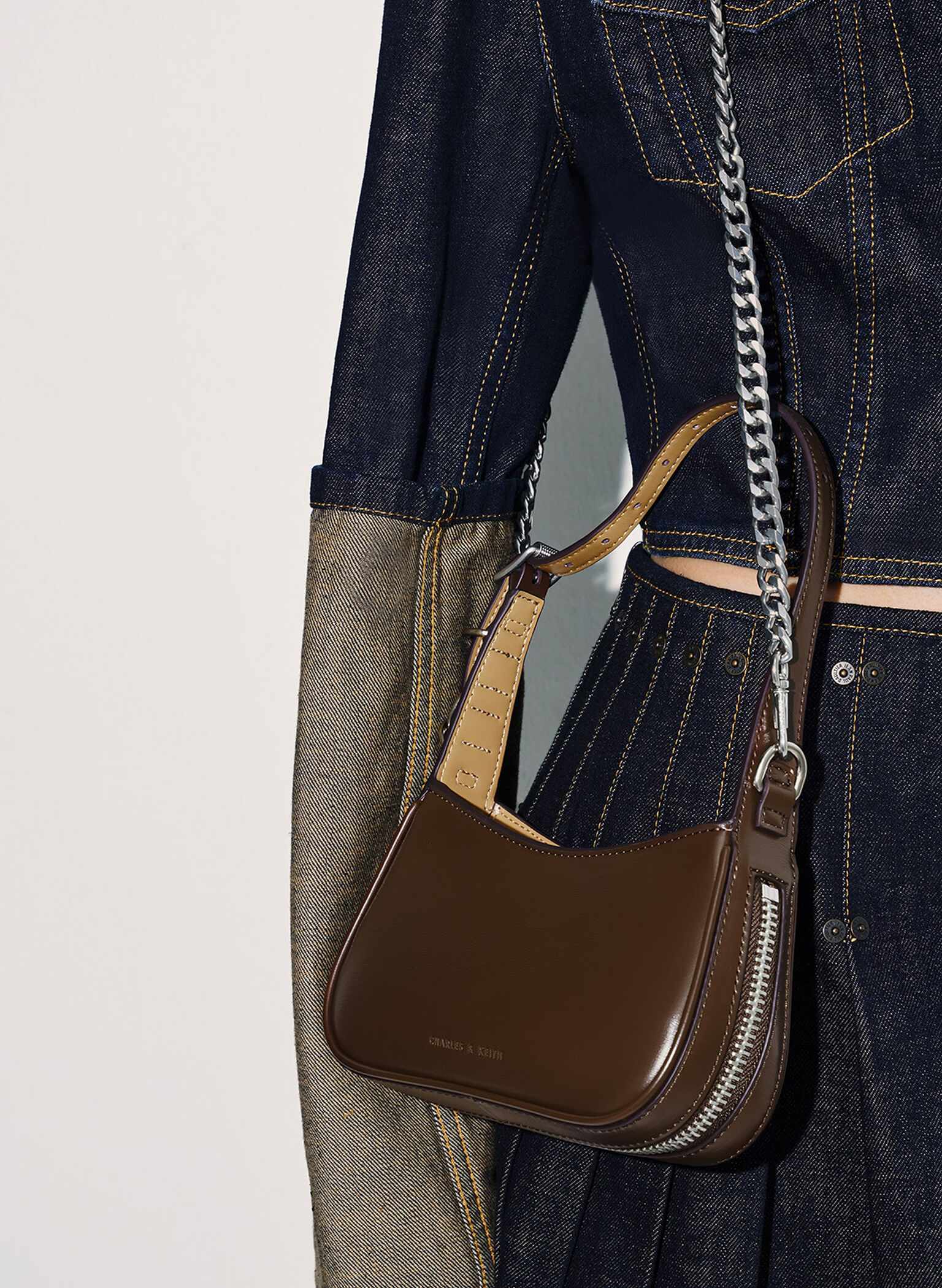 Dark Brown Mini Rebel Hobo Bag - CHARLES & KEITH CL