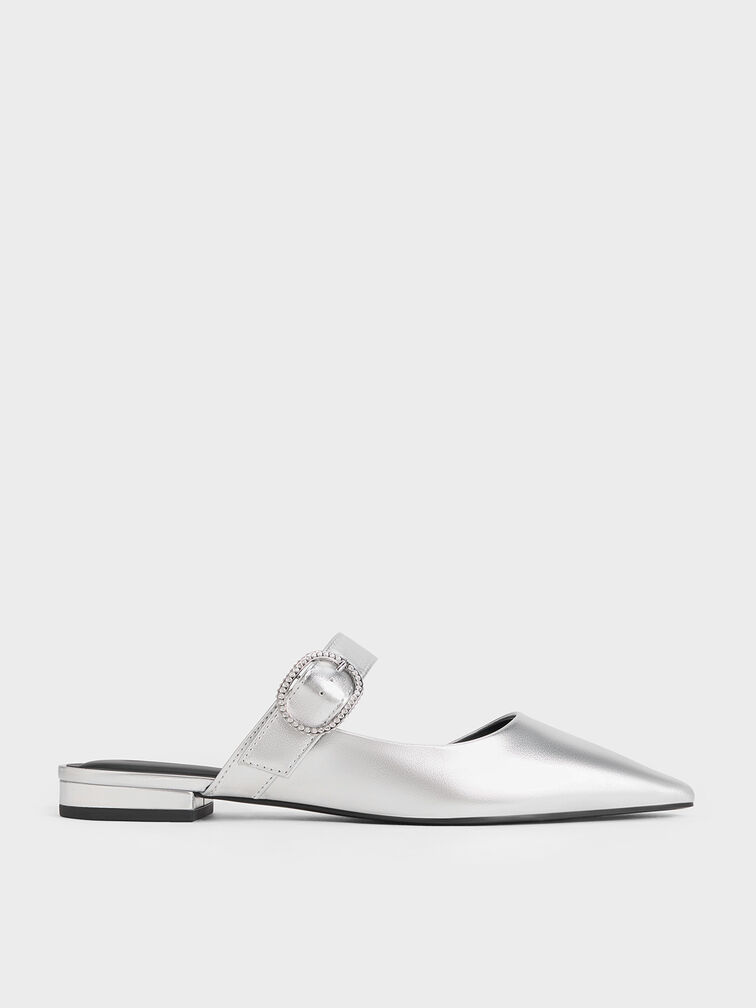 Silver Metallic Crystal Buckle Pointed Toe Mules Charles And Keith My