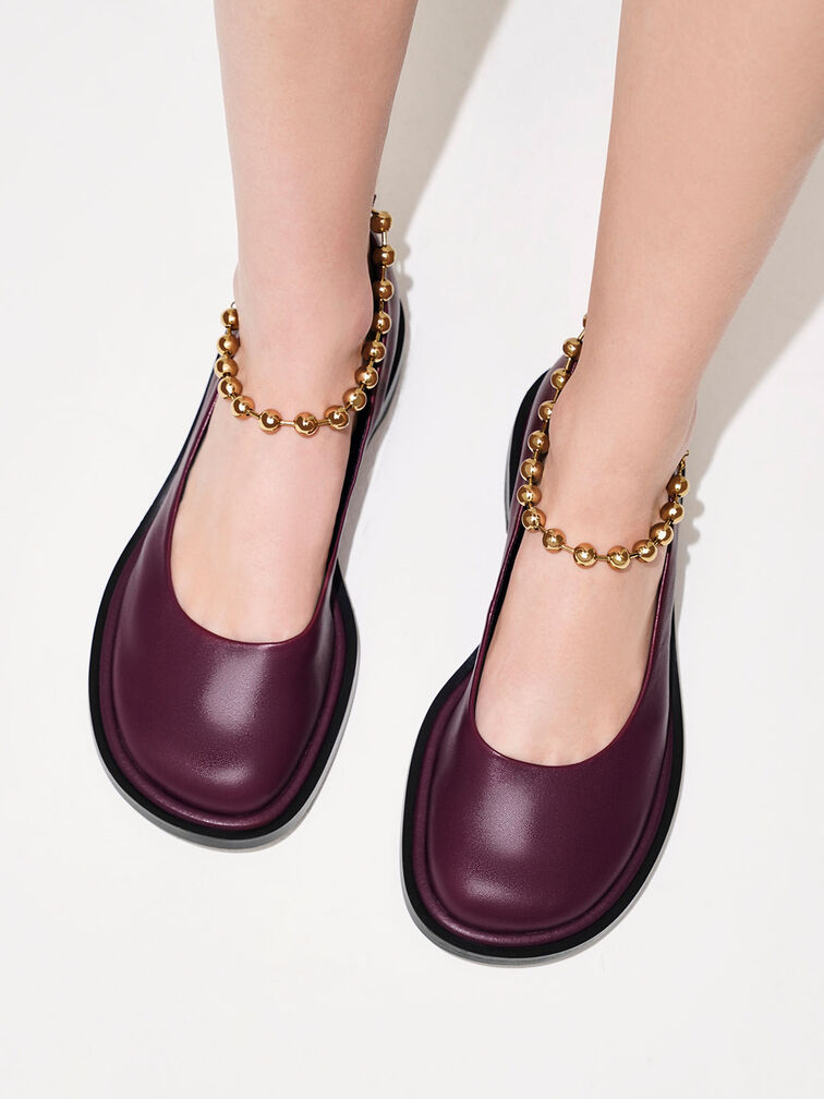 Prune Beaded Ankle Strap Leather Ballerinas Charles And Keith Qa