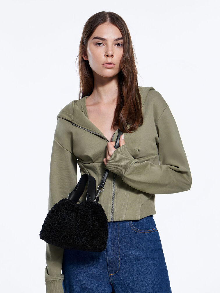 Noir Ally Furry Slouchy Chain-Handle Bag - CHARLES & KEITH AU