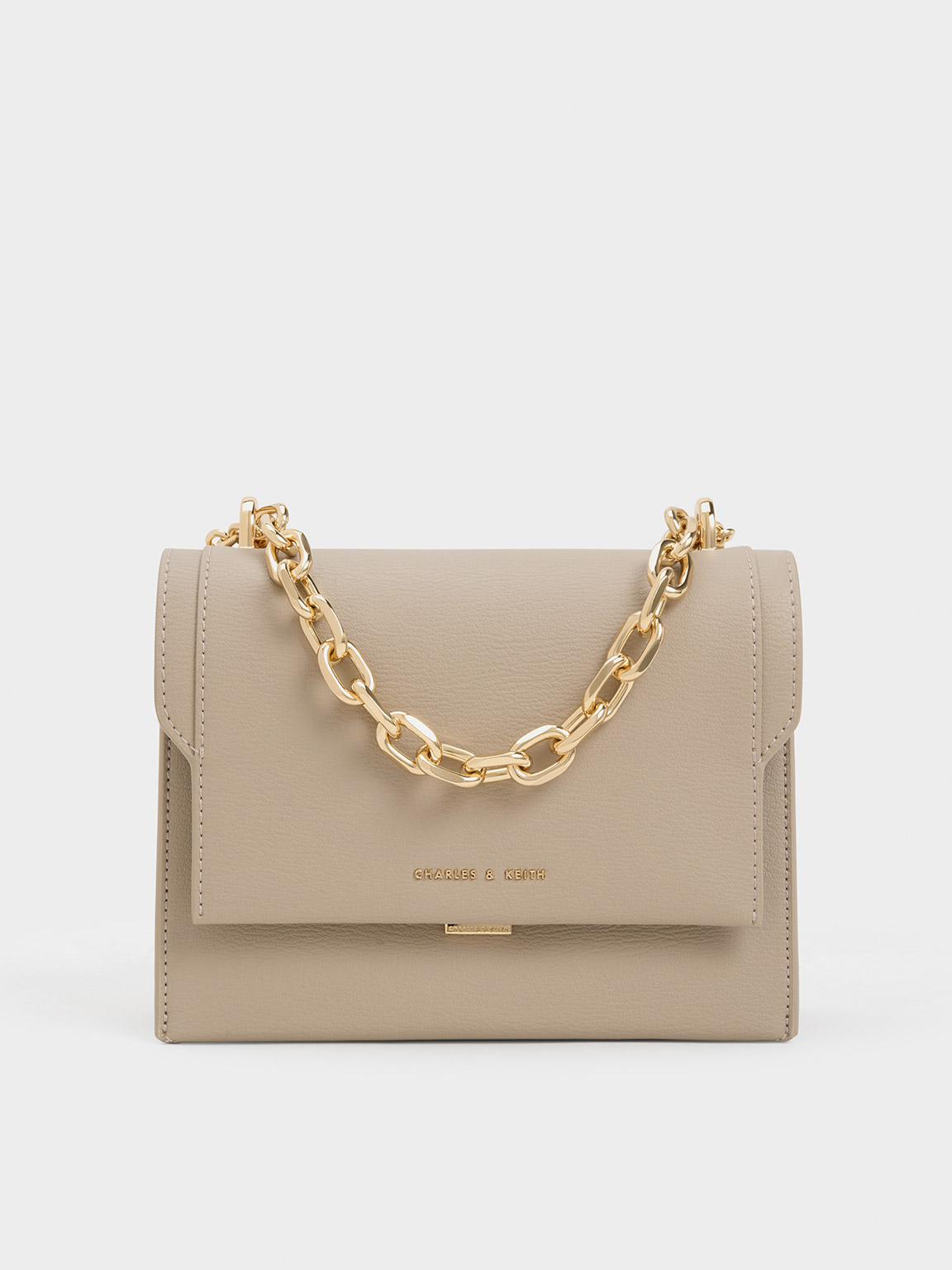 Taupe Front Flap Chain Handle Crossbody Bag - CHARLES & KEITH BH