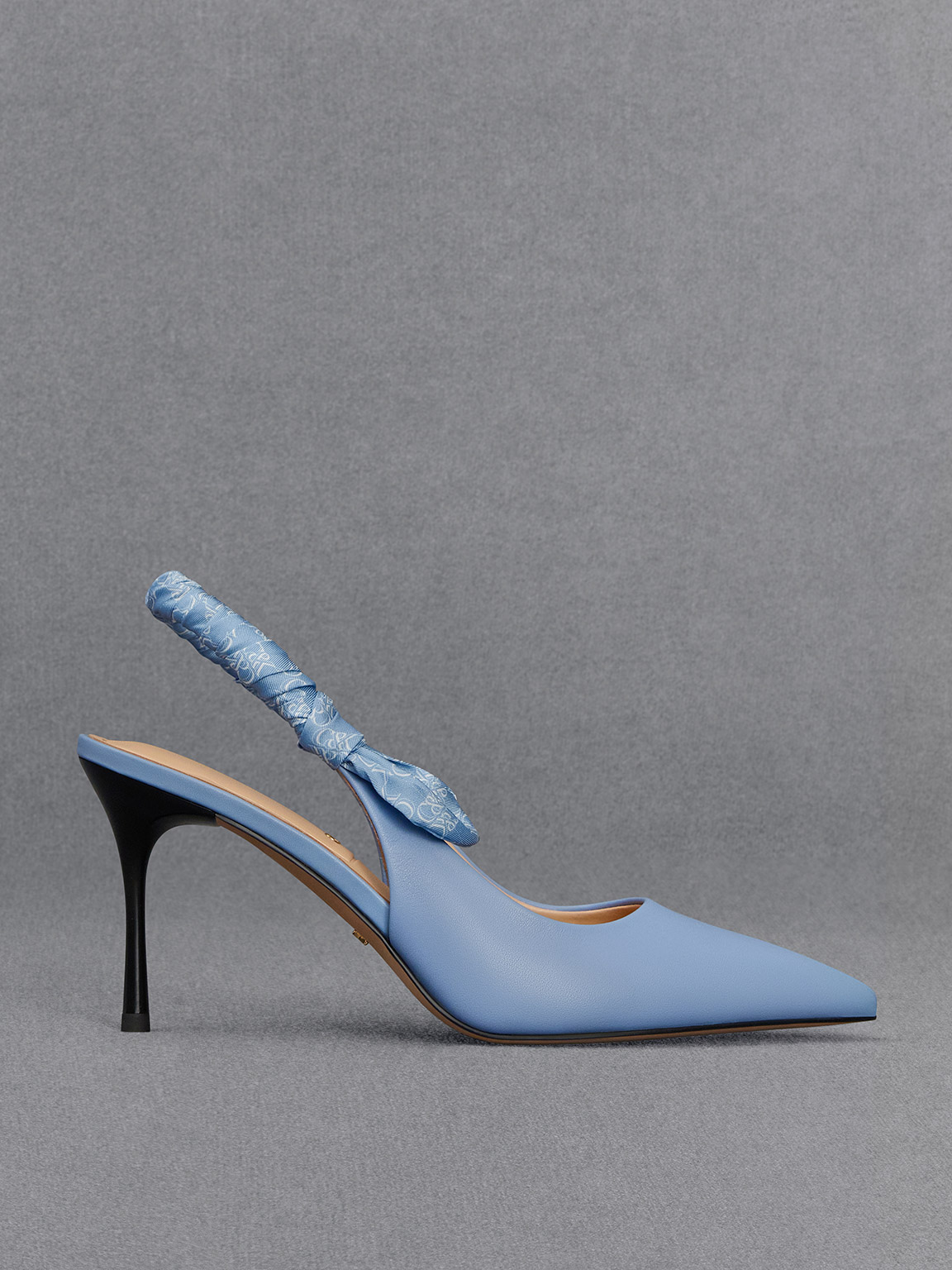 Light Blue Leather Ruched Print Slingback Pumps - CHARLES & KEITH CL