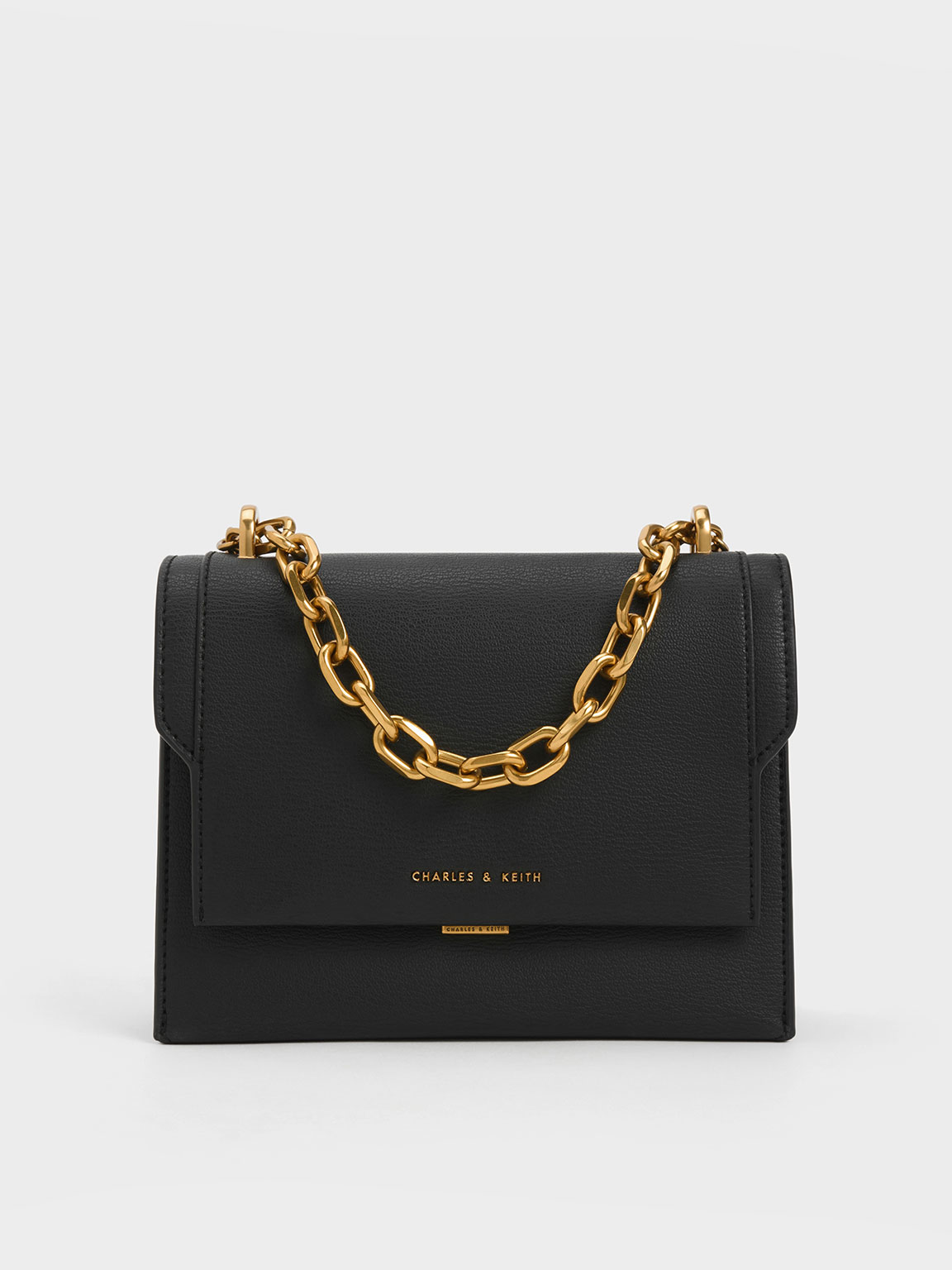 Black Front Flap Chain Handle Crossbody Bag - CHARLES & KEITH CL